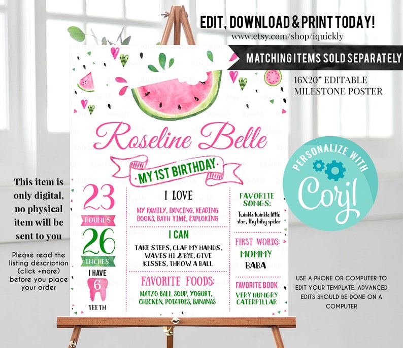 EDITABLE Watermelon Birthday Party Welcome Sign One in a - Etsy