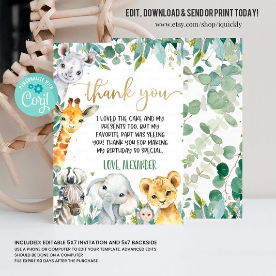 EDITABLE Safari Birthday Thank you card, Girl Wild One 1st Birthday ...