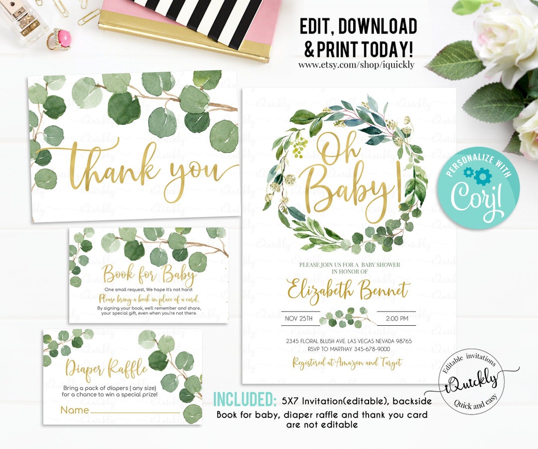 EDITABLE Greenery Baby Shower Invitation Set, Book for Baby Diaper ...