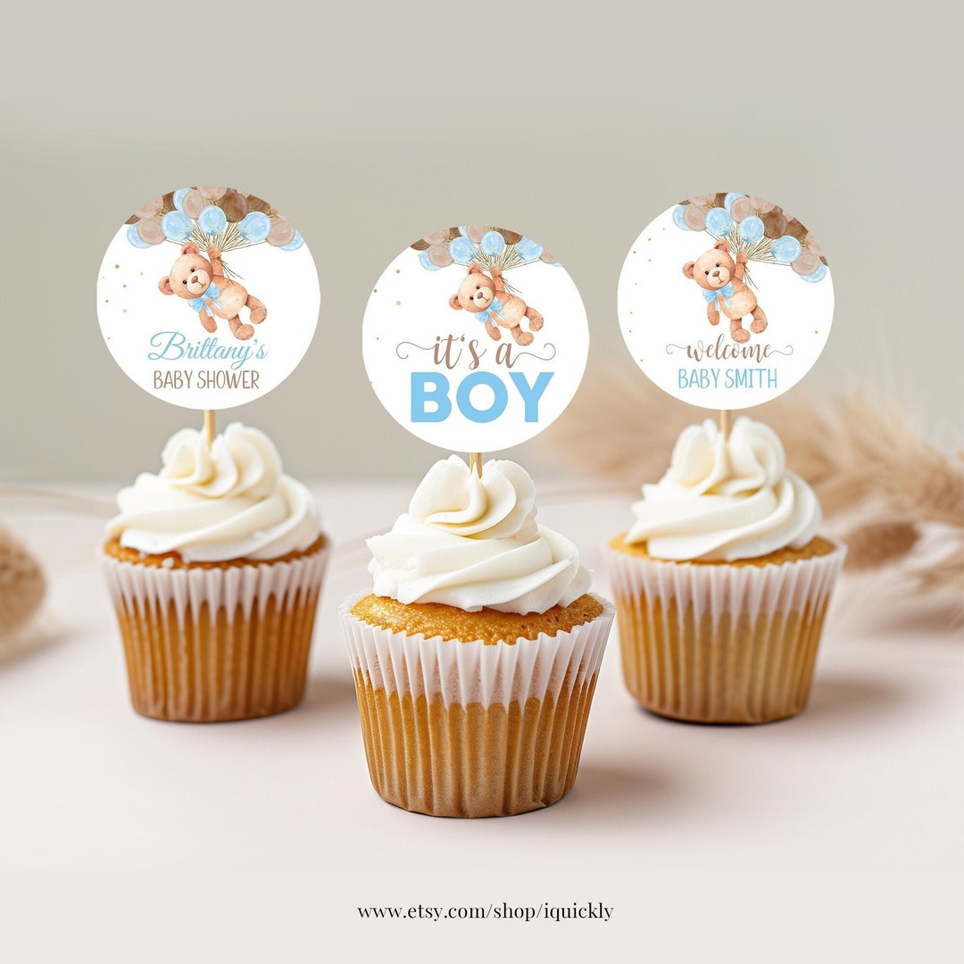 EDITABLE Teddy Bear Baby Shower Cupcake Toppers Boy We Can Bearly Wait ...