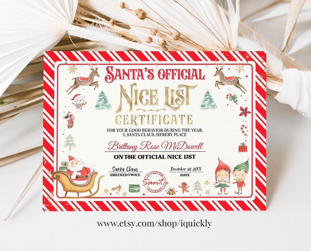 Editable Santa Claus Official Nice List Certificate Letter From Desk ...