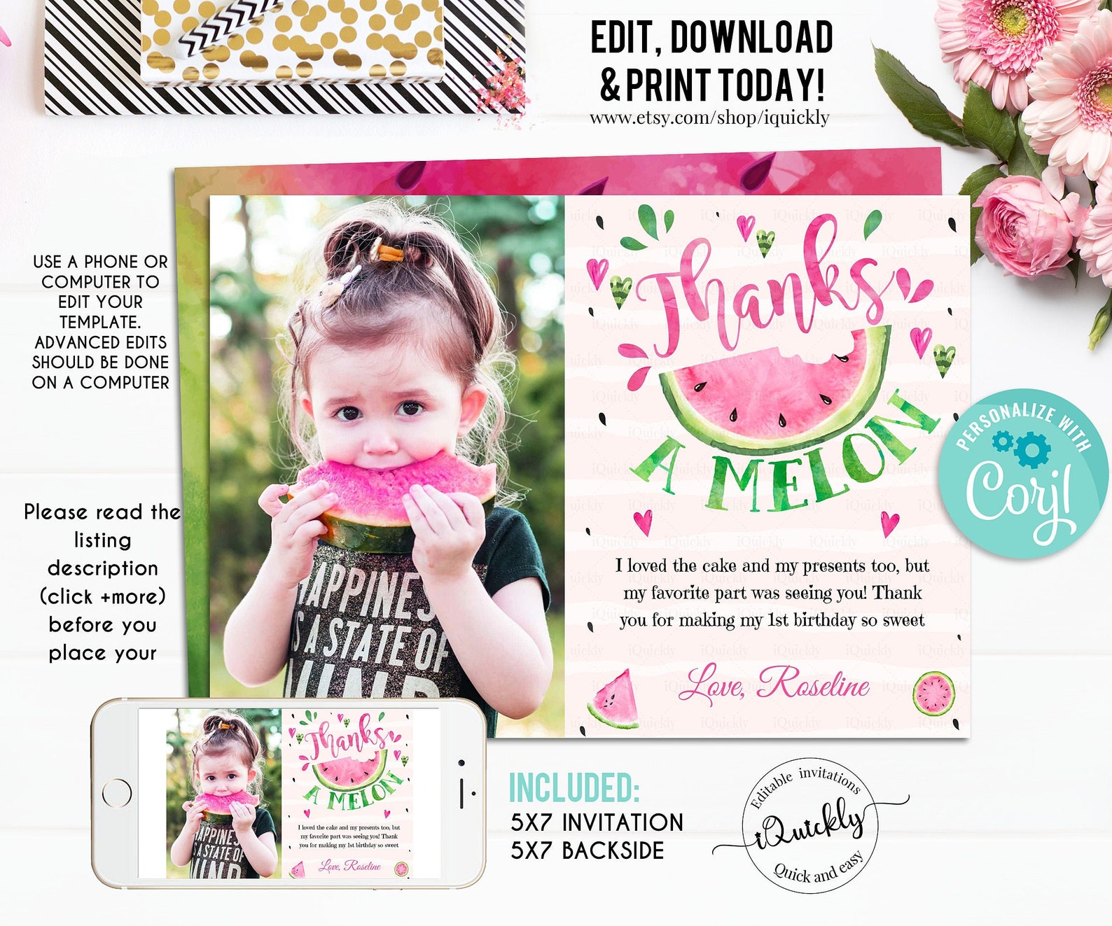 EDITABLE Watermelon Thank You Card Photo, One in a Melon Note Card ...