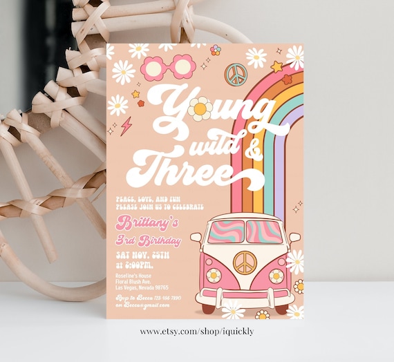 Editable Groovy Young Wild and Three 3rd Birthday Invitation Rainbow ...