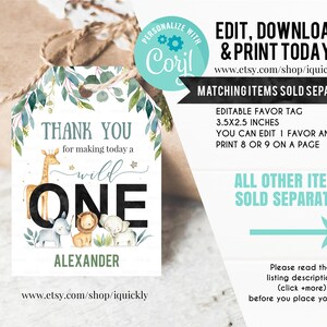 EDITABLE Safari Thank You Card, Jungle First Birthday Note Card, Wild ...