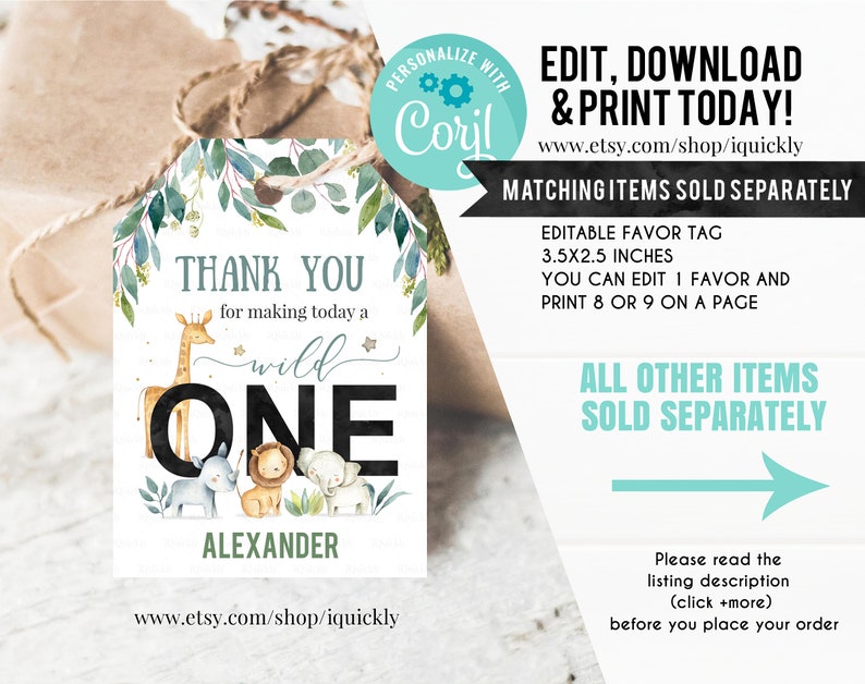 EDITABLE Safari Thank You Card Jungle First Birthday Note - Etsy