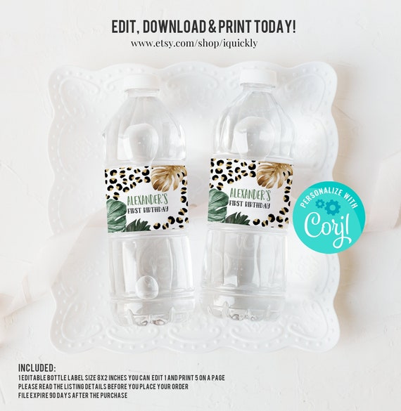 Editable Safari Leopard Print Water Bottle Labels Wild One 1st Birthday 