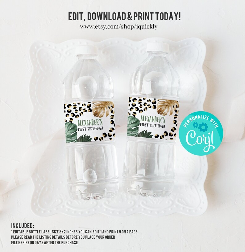 Editable Safari Leopard Print Water Bottle Labels Wild One 1st Birthday ...