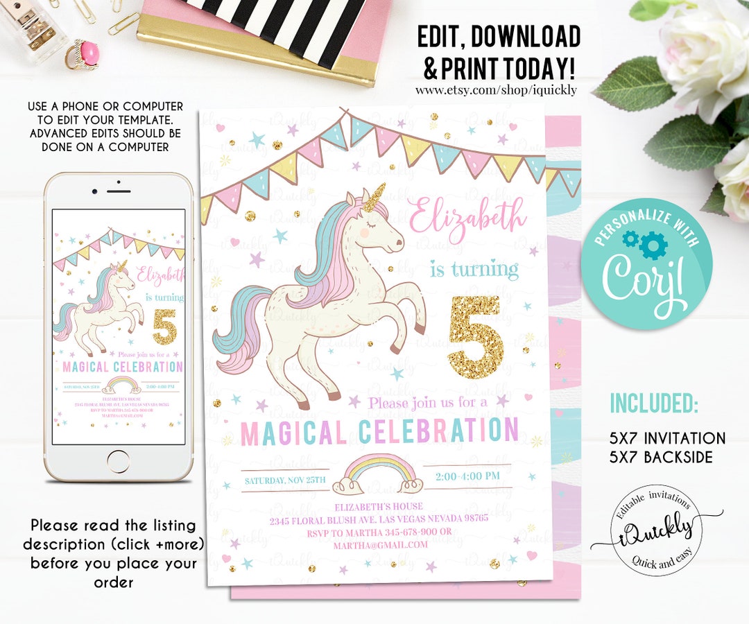 Editable Unicorn Invitation Unicorn Party, Unicorn Birthday, Magical ...