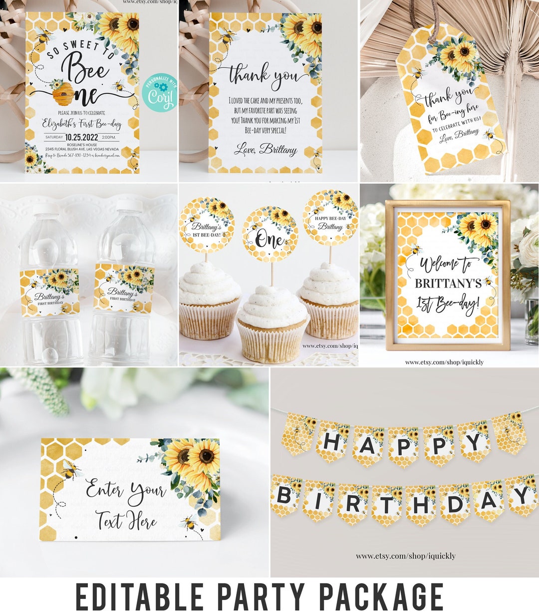 Editable Bee Party Decorations Honey Bee Package Birthday Sweet to Bee ...