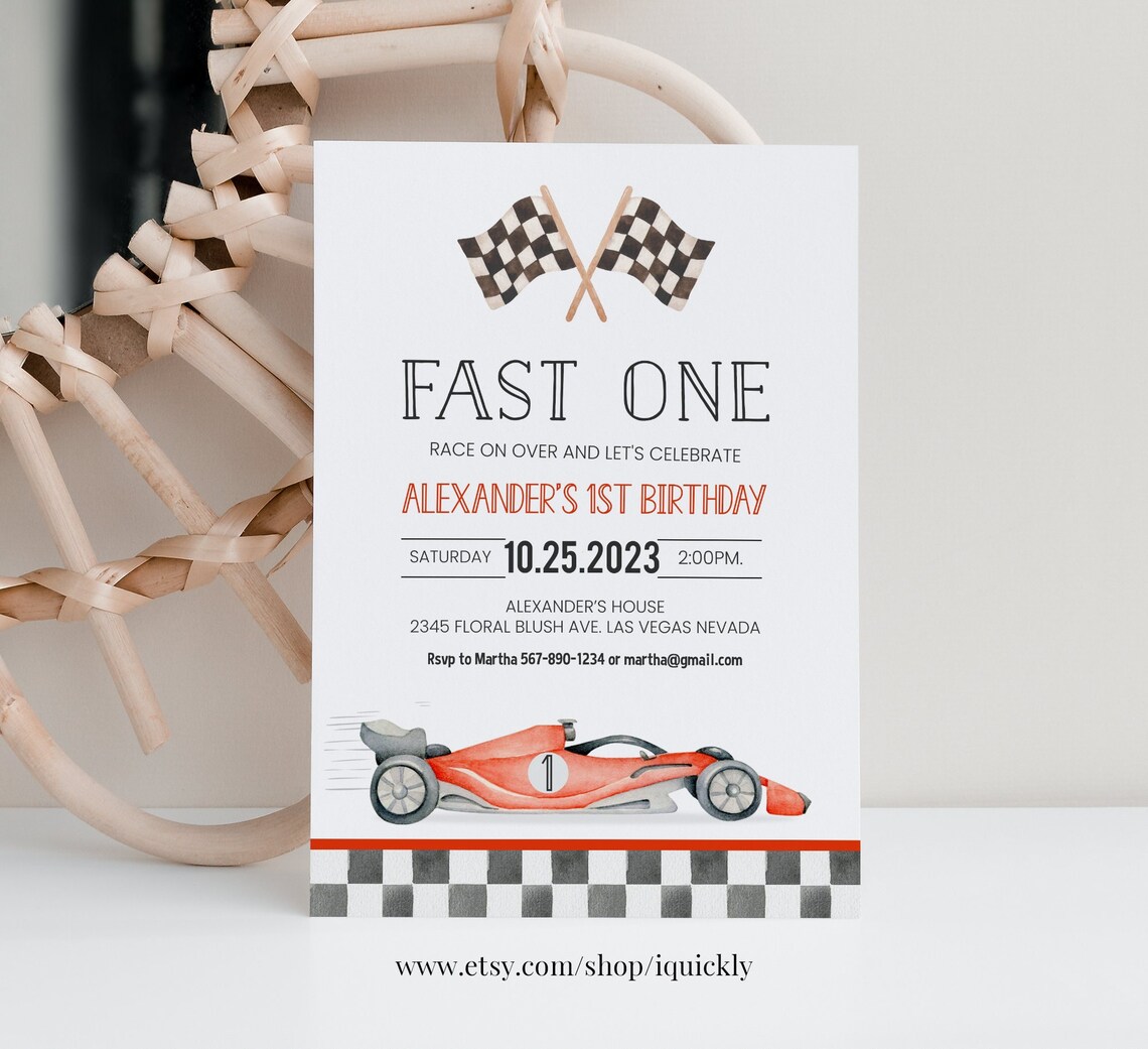 Fast One Racing Car First Birthday Invitation 1st Birthday Invitation ...