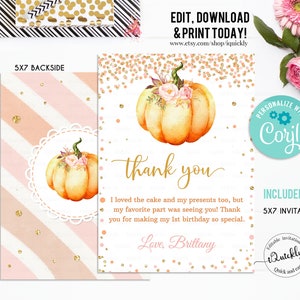 Editable Pumpkin Thank You Card, Little Pumpkin Note Card, Fall Autumn ...