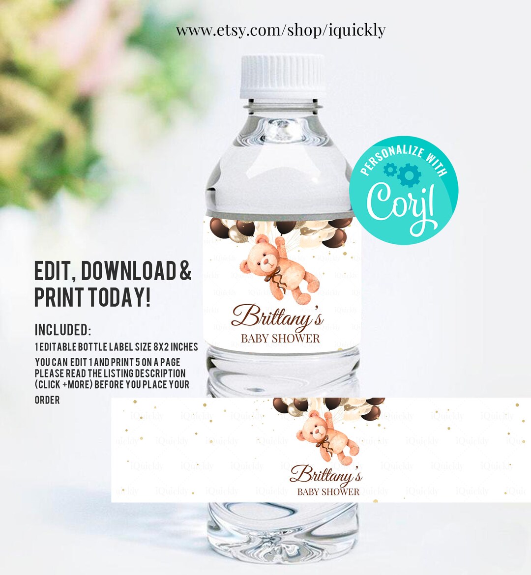 EDITABLE Teddy Bear Baby Shower Water Bottle Label, Boy Baby Shower ...