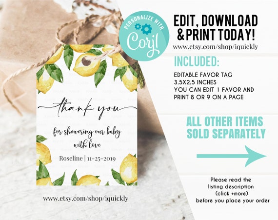 EDITABLE Lemon Favor tags, Lemonade Thank you tags, Citrus Gift Tags ...