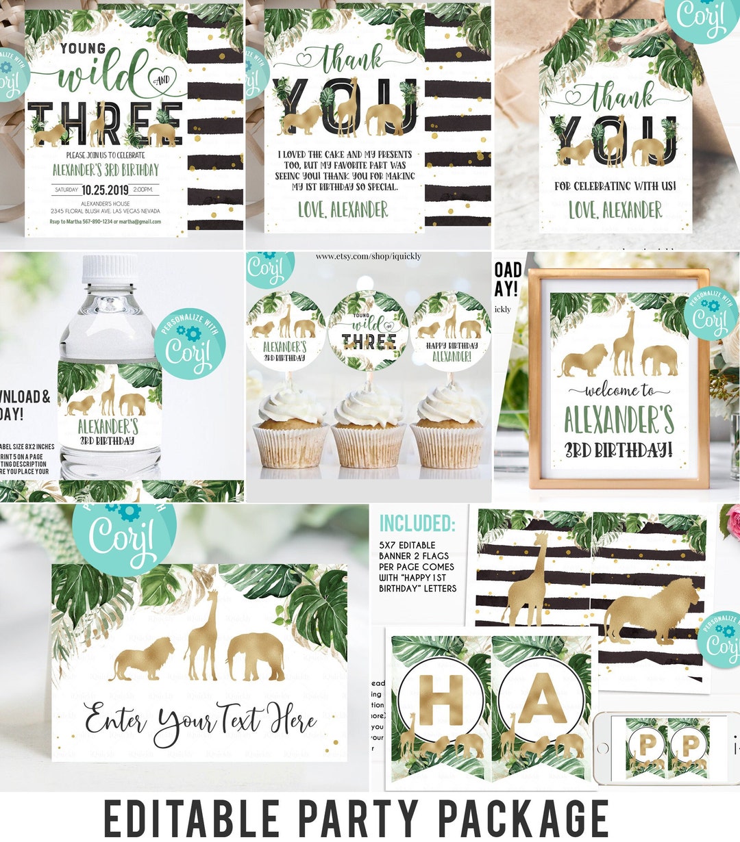 Editable Jungle Gold Party Decorations, Boy Young Wild and Three Party ...