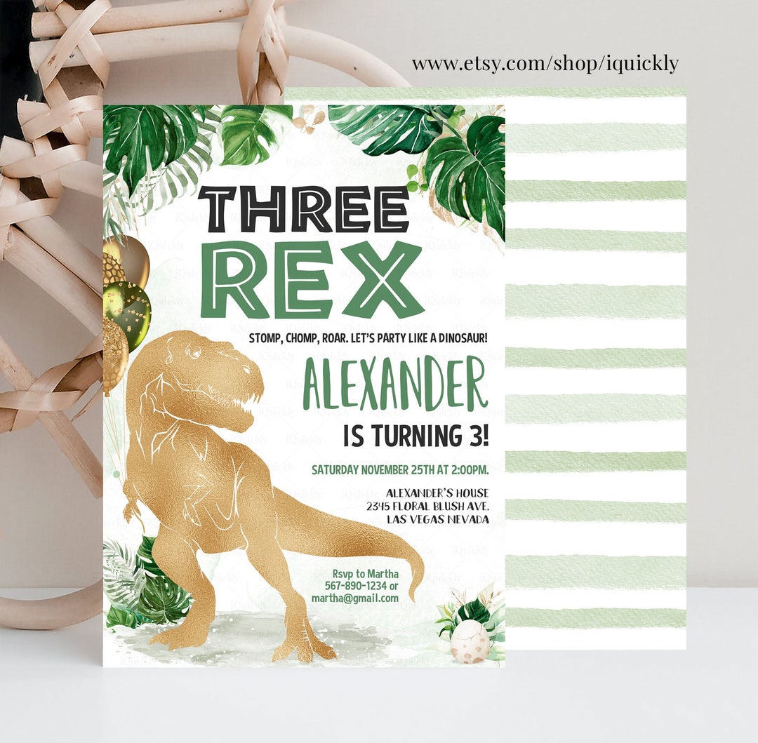 Editable Three Rex Invitation Boy, Dinosaur Birthday Invitation,three ...