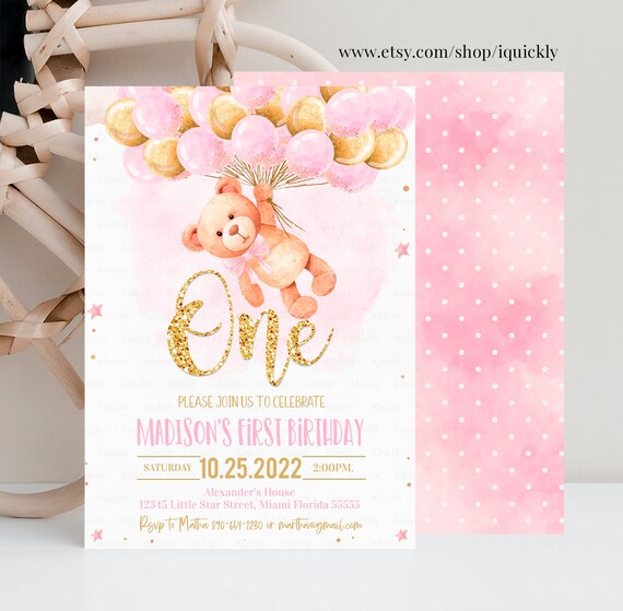 Editable Teddy Bear Birthday Invitation Girl Bear Themed Invite,1st ...