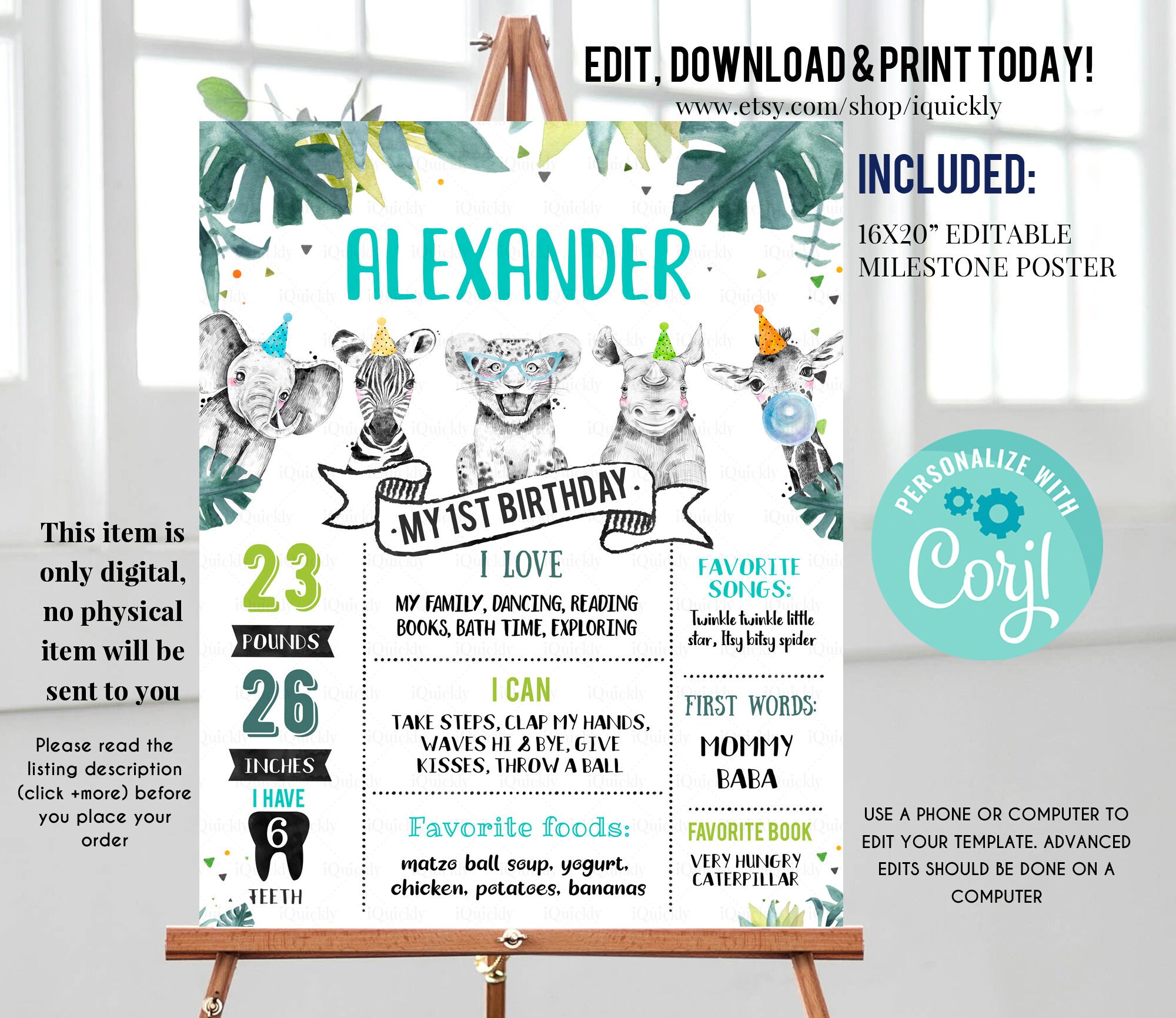 Editable Party Animals Birthday Milestones Sign Boy Green Blue First ...