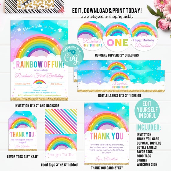 EDITABLE Rainbow Birthday Party Package, Rainbow Confetti Party ...