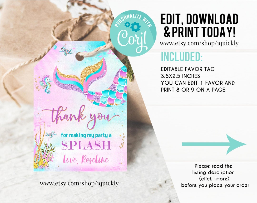 Editable Mermaid Birthday Favor Tags, Mermaid Thank You Tags, Under the ...
