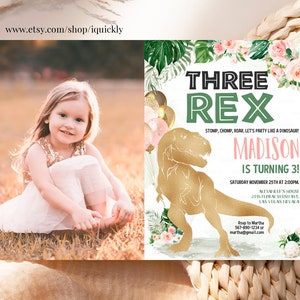 Editable Three Rex Invitation Girl, Dinosaur Birthday Invitation,three ...