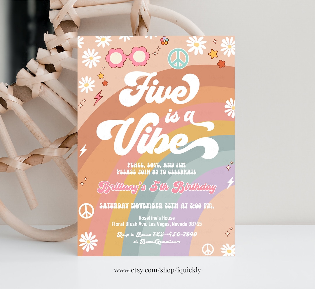 Editable 5th Groovy Birthday Invitation Five is a Vibe Daisy Rainbow ...