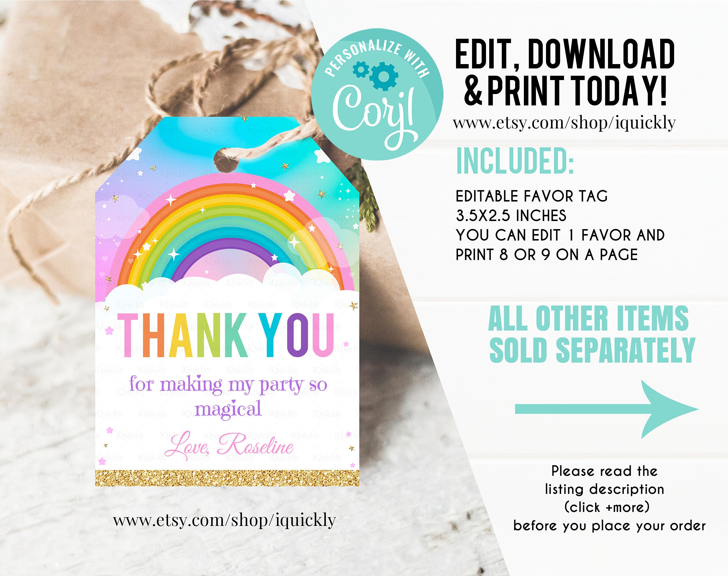 EDITABLE Rainbow favor tags Thank you tags Gift Tags | Etsy