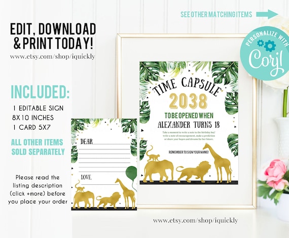 EDITABLE Jungle Time Capsule Matching Note Cards, First Birthday Safari ...