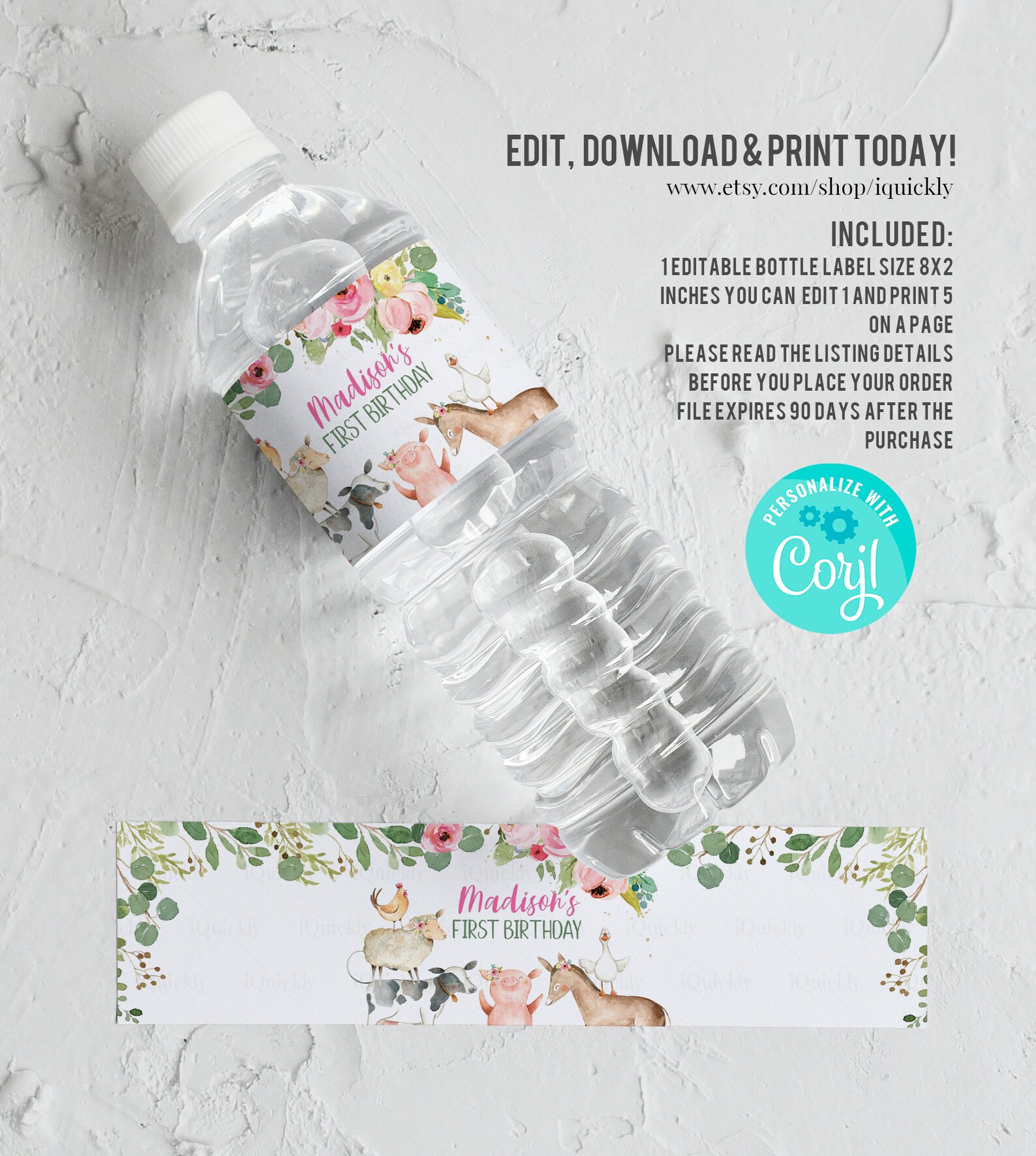 EDITABLE Farm Bottle Label Water Labels Printable 1st - Etsy
