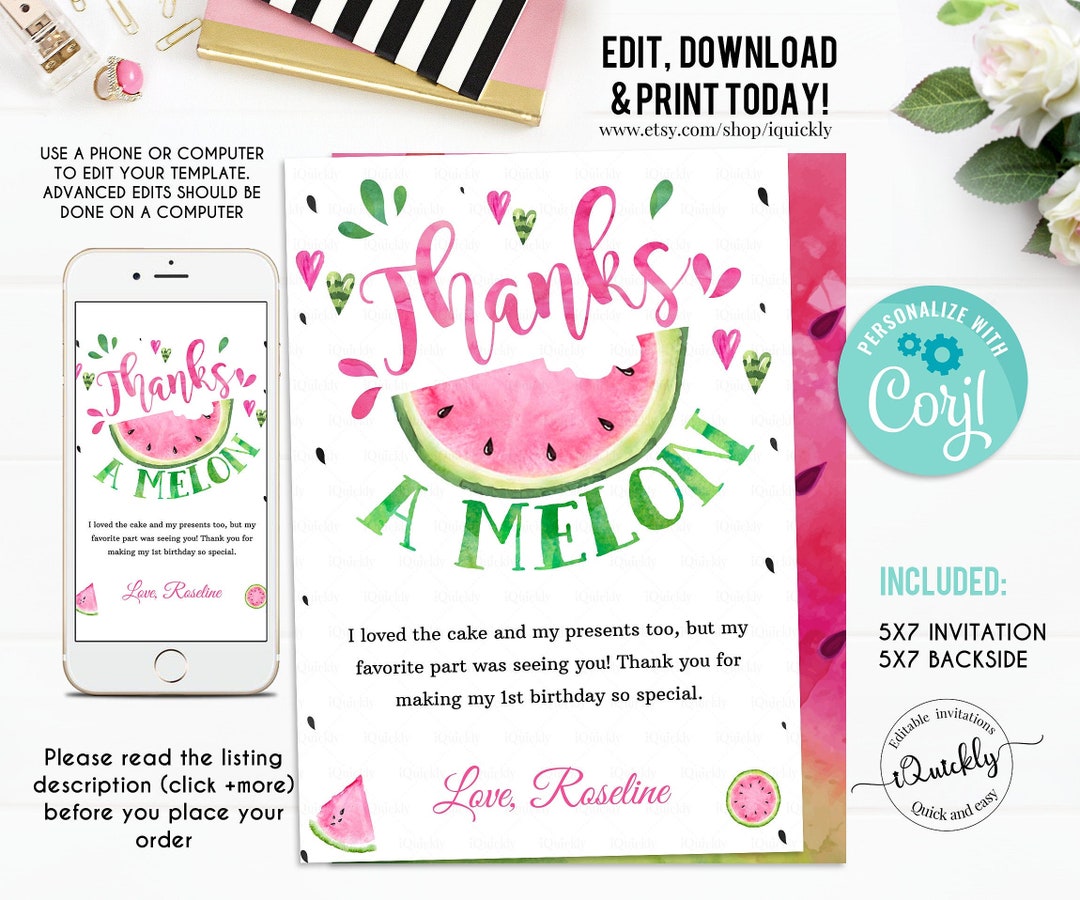 EDITABLE Watermelon Thank You Card, One in a Melon Note Card, Pink ...