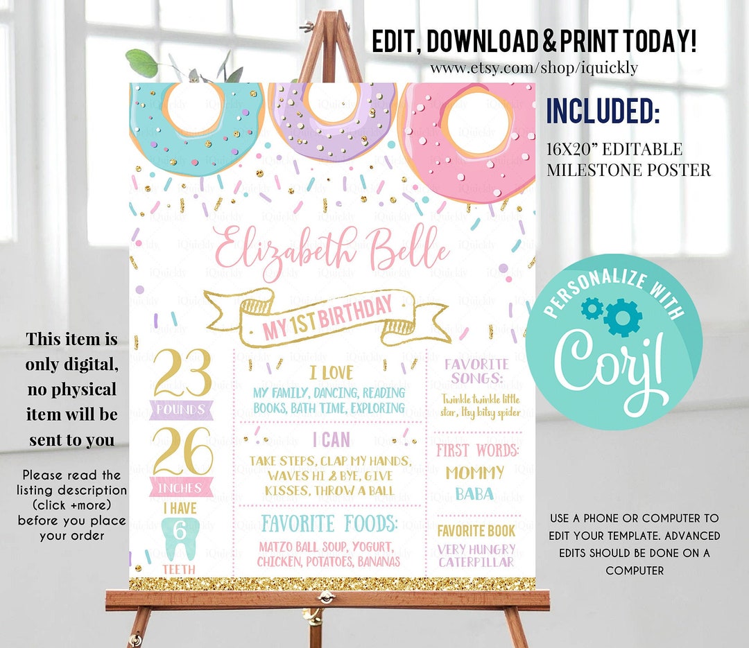 Editable Donut Milestone Birthday Poster, Doughnut 1st Birthday Board ...