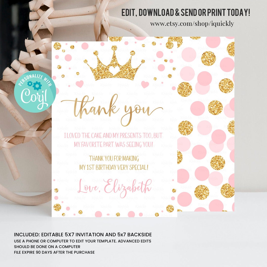 Editable Princess Birthday Thank You Card, Pink and Gold Little ...