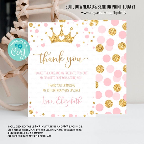 Editable Princess Birthday Thank you card, Pink and Gold Little ...