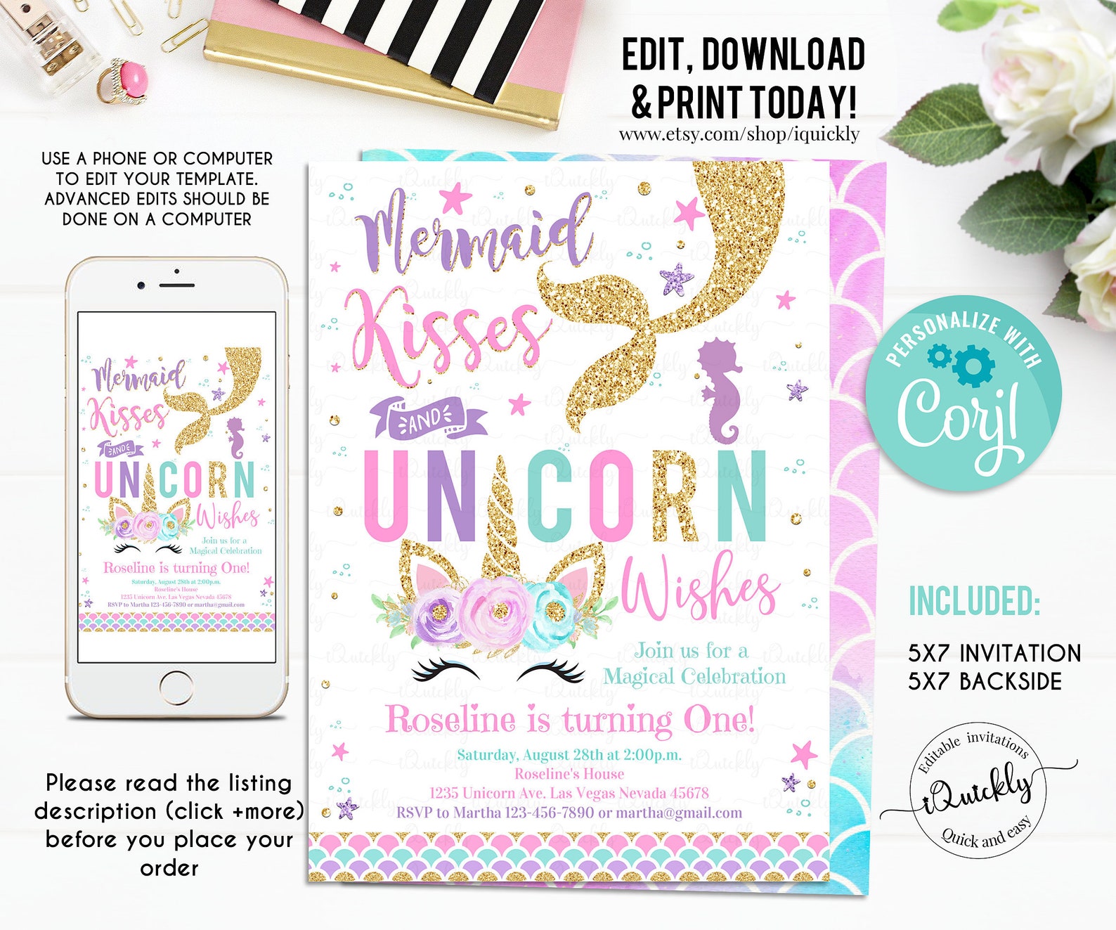 EDITABLE Kisses and Unicorn Wishes Birthday Invitation - Etsy