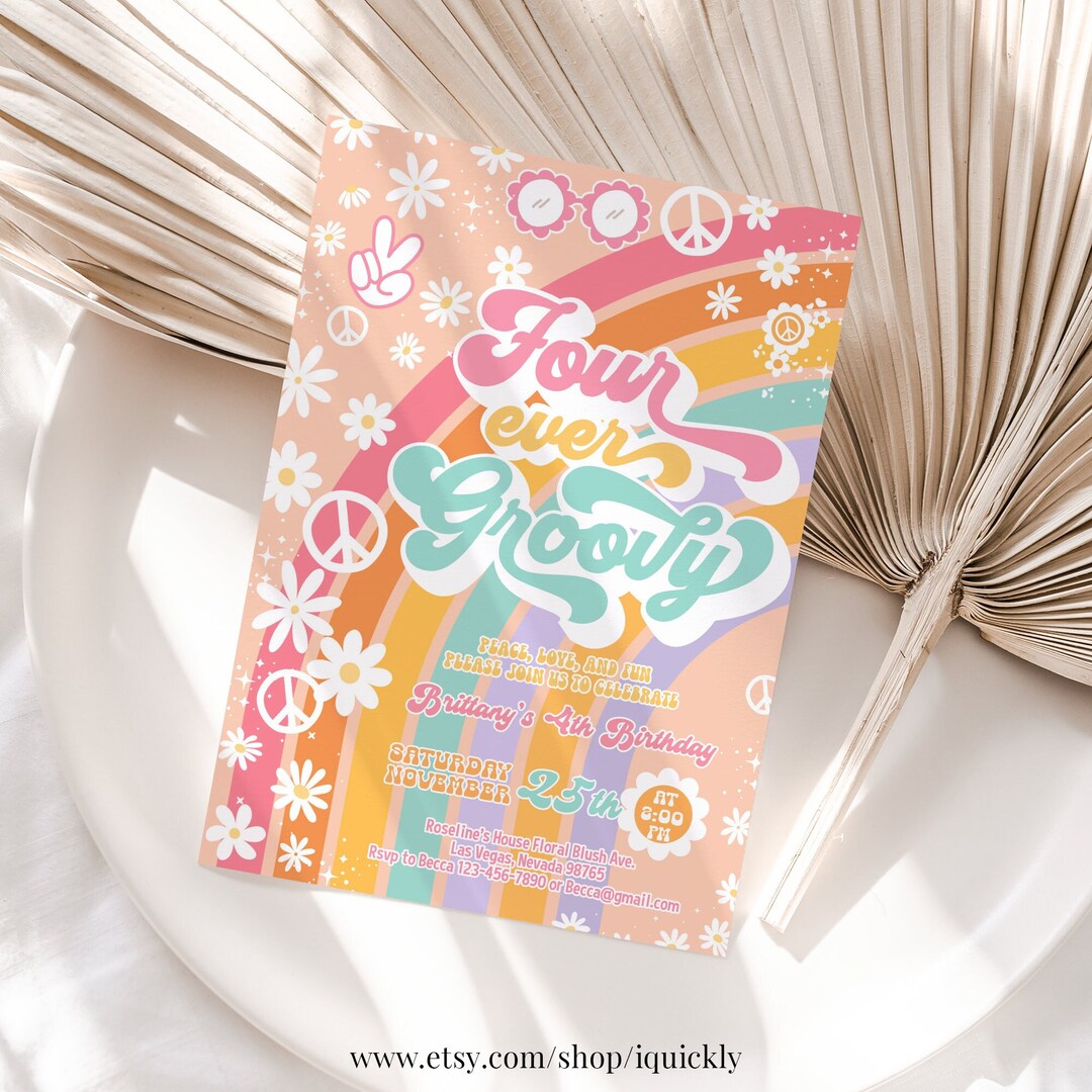 Editable Groovy 4th Birthday Invitation EDITABLE FOUR is a Vibe Daisy ...