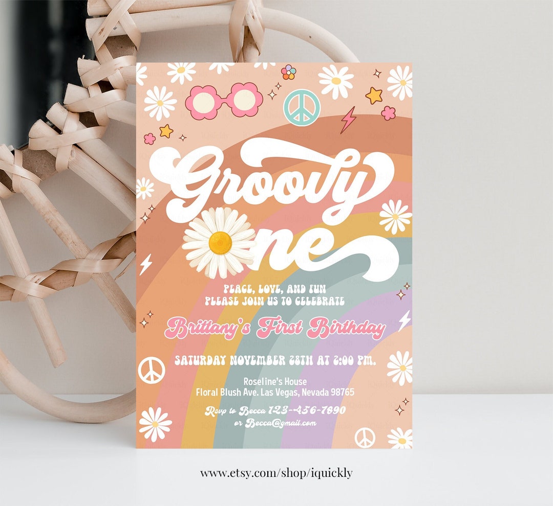 Editable Groovy ONE Birthday Invitation Pink Daisy Rainbow Groovy Van ...