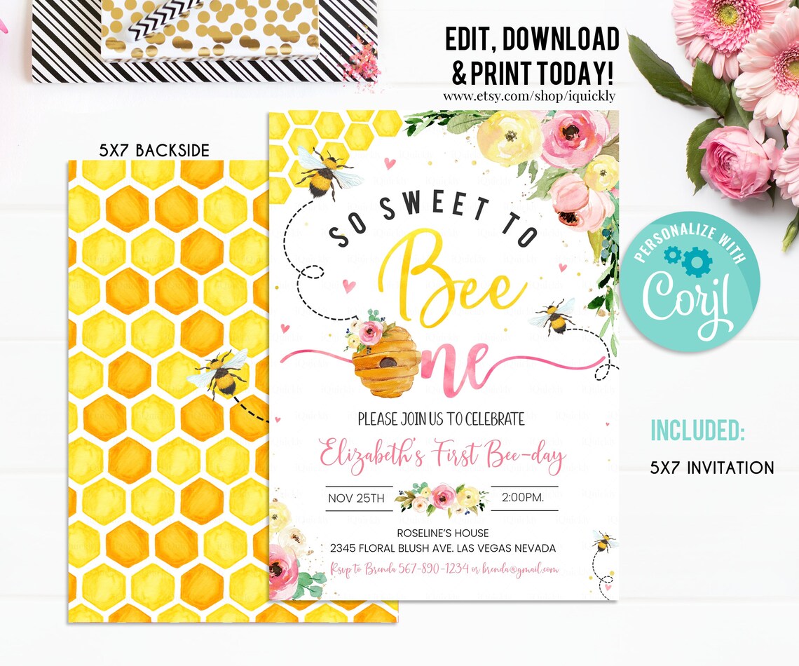 Editable Bee Birthday Invitation Honey Bee Birthday Party Bee - Etsy