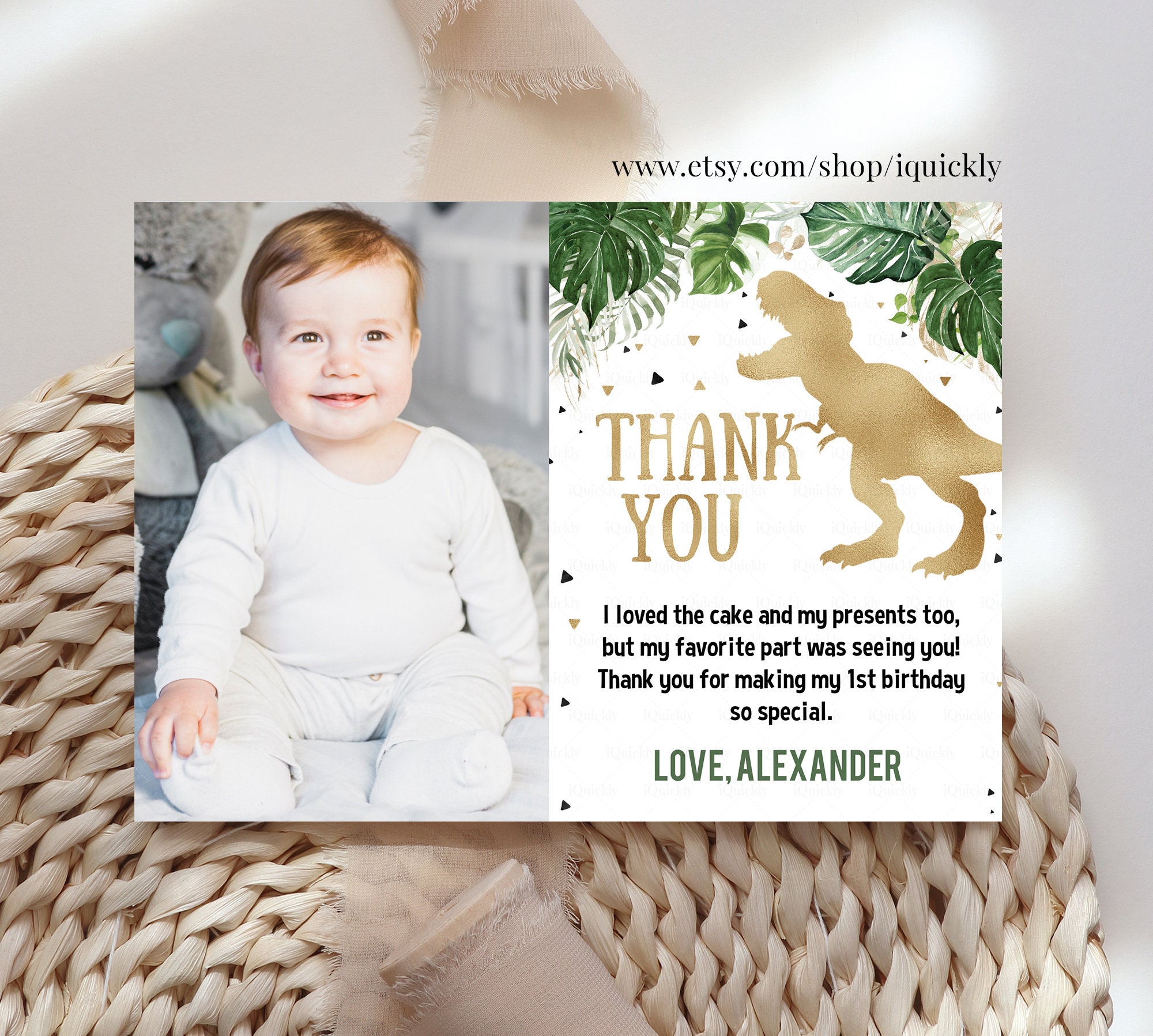 EDITABLE Dinosaur Thank You Card, T-rex First Birthday Note Card Three ...