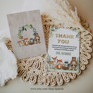 Editable Woodland Thank You Card, Woodland Theme First Birthday Note ...