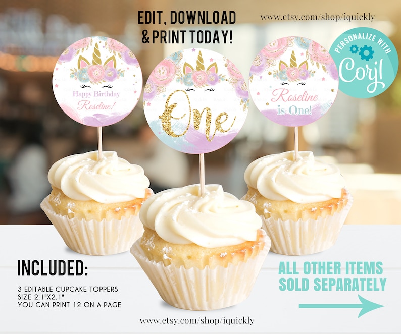 EDITABLE Unicorn Cupcake Toppers Unicorn Circle Decoration - Etsy
