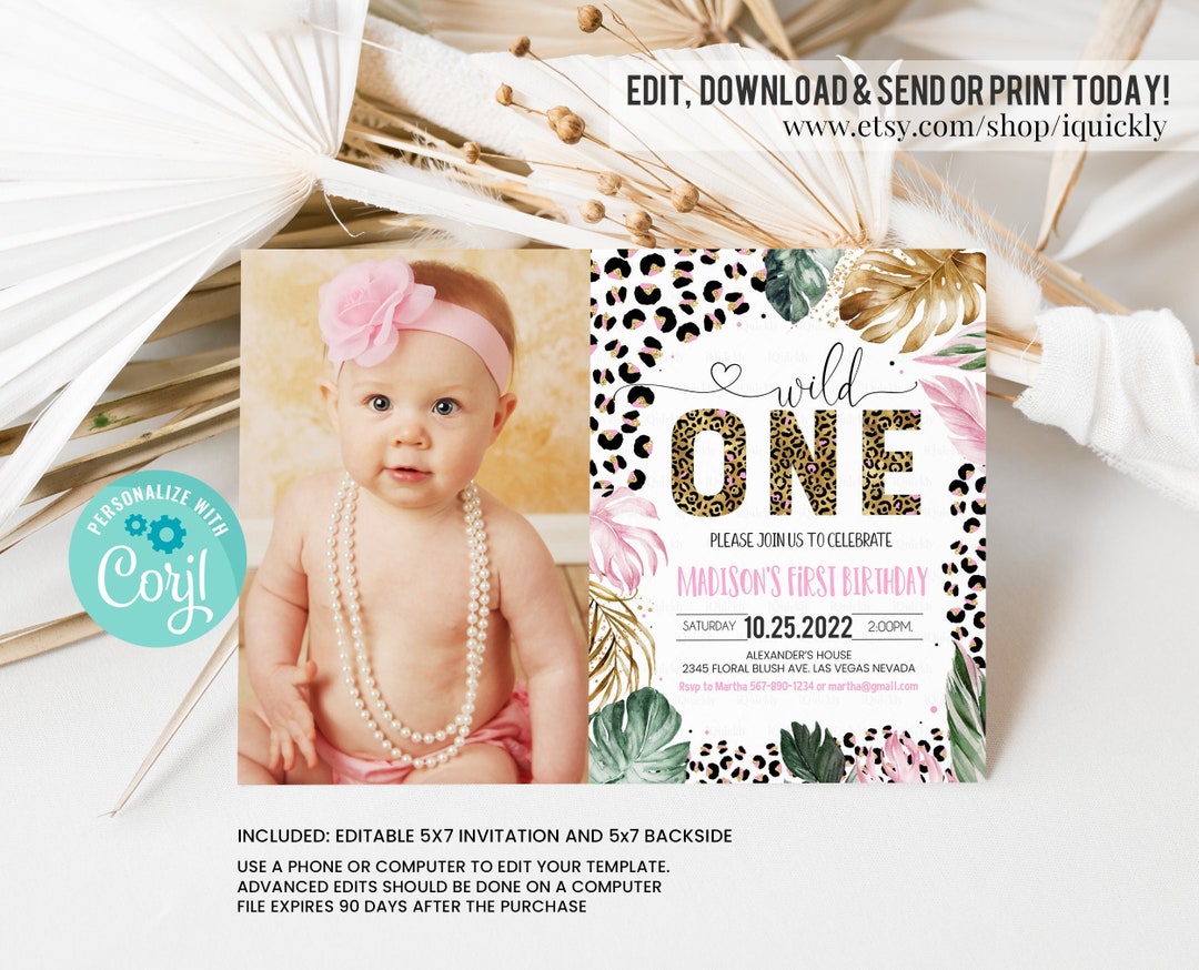 Editable Wild One Leopard Print Jungle Birthday Party Invitation ...
