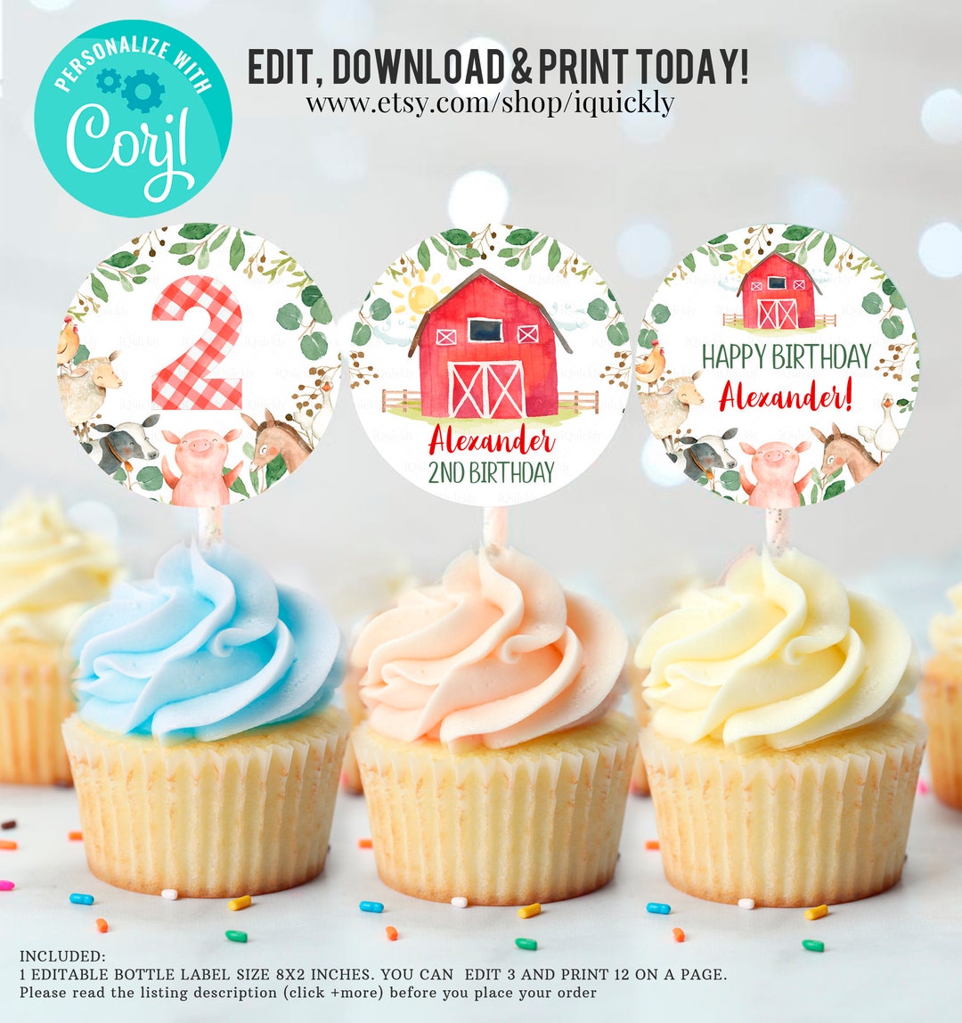 Editable Farm Birthday Cupcake Toppers Boy Barn Party - Etsy