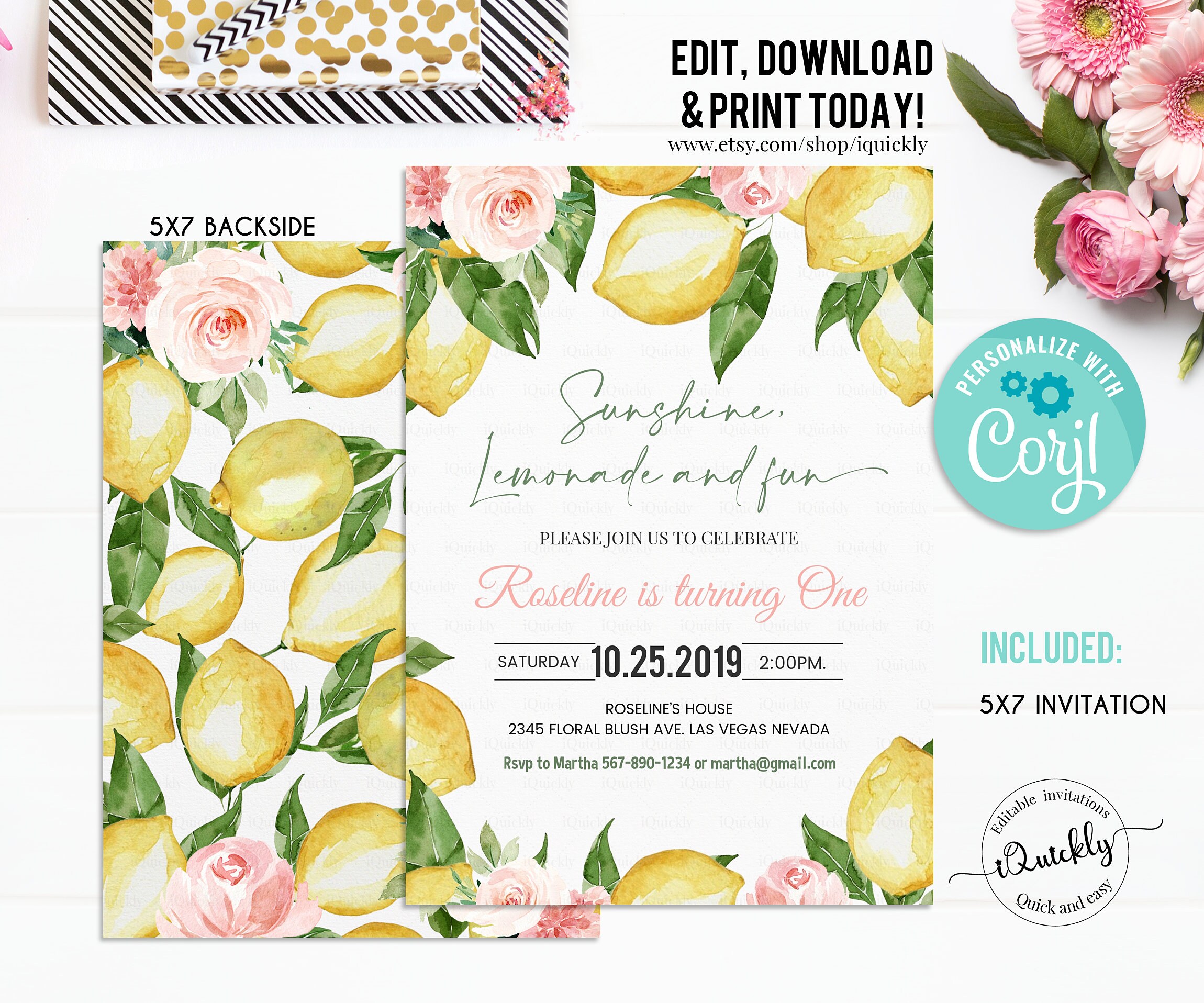 EDITABLE Lemon Birthday Invitation, Sunshine Lemonade and Fun, Citrus ...