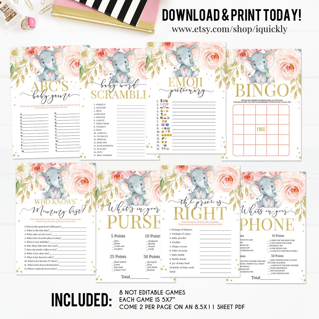 Elephant Baby Shower Games, Girl Pink Gold Baby Shower Game Bundle ...