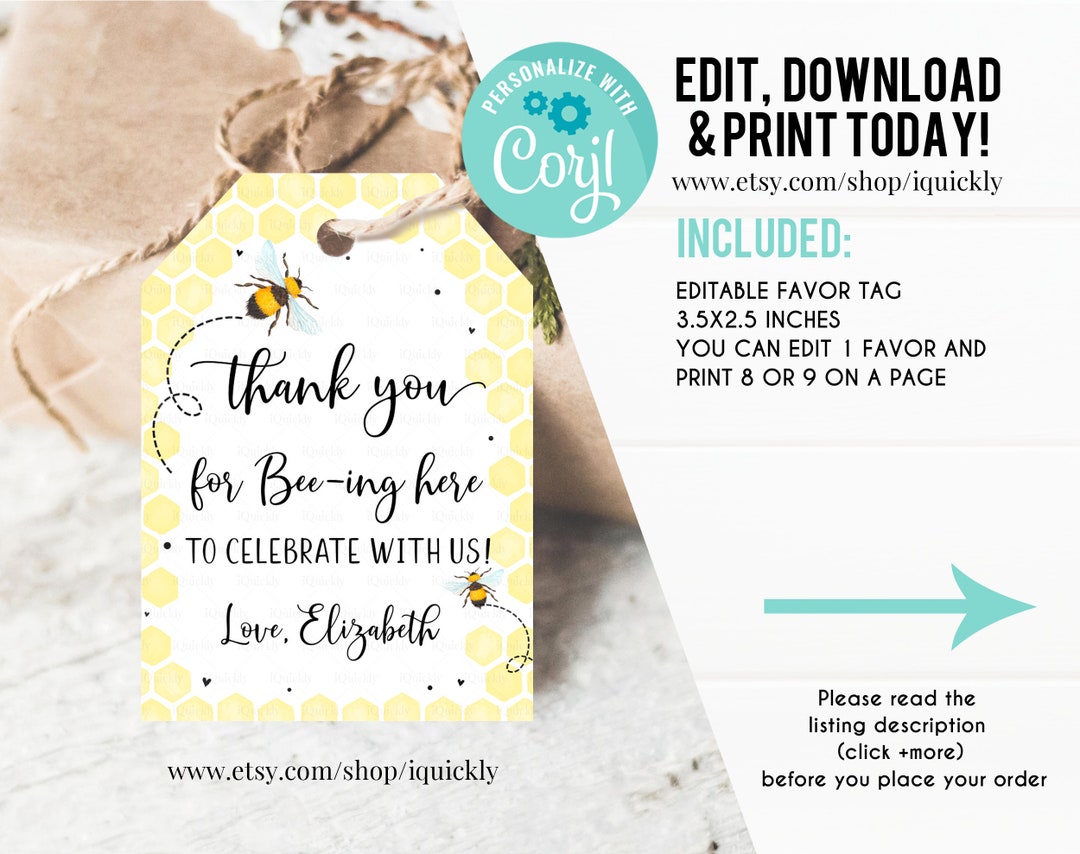 Editable Bee Favor Tags, Honey Bee Thank You Tags, Gift Tags Bumble Bee ...