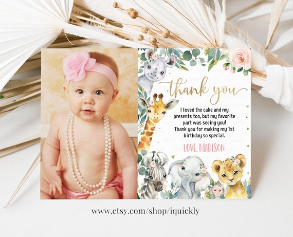 EDITABLE Safari Birthday Thank you card, Girl Wild One 1st Birthday ...