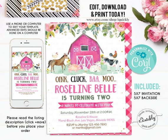 Editable Farm Birthday Invitation, Girl Barn Party Digital Invite Pink ...