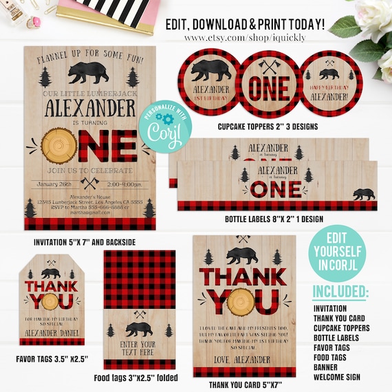 Editable Lumberjack Party Decorations Buffalo Plaid Party Package ...