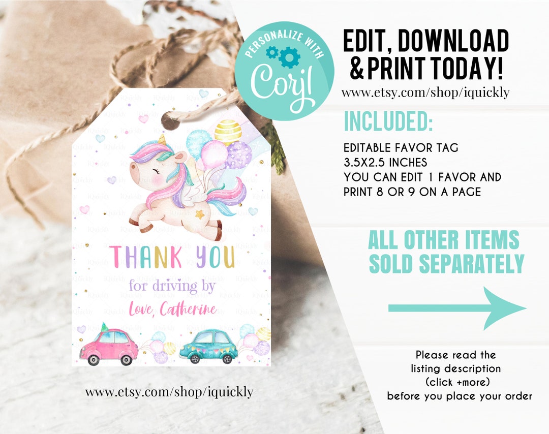 Editable Unicorn Favor Tags Unicorn Birthday Party Thank You Gift Tags ...