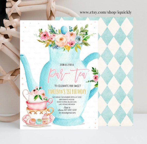 Editable Tea Party Birthday Invitation Girl Par-Tea Invite Floral Pink ...