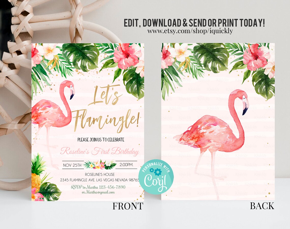 Editable Flamingo Birthday Party Invitation Template,tropical Birthday ...